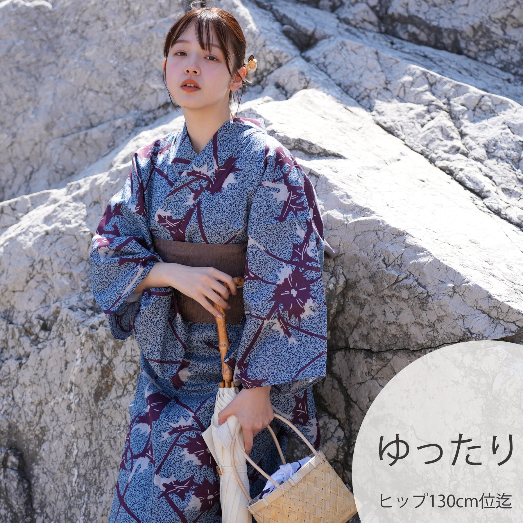 【utatane 高級変わり織 浴衣3点セット ( ゆかた・帯・下駄 ) ブルーと紫のあざみ砂嵐】3Lサイズ（ヒップ約130cm位まで対応） 国産生地 国内染色 昭和初期アンティーク復刻版 ...